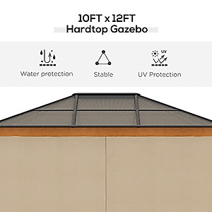 Outsunny 10' x 12' Hardtop Gazebo Canopy with Polycarbonate Roof, Wood Grain Aluminum Frame, Permanent Pavilion Outdoor Gazebo with Netting and Curtains for Patio, Garden, Backyard