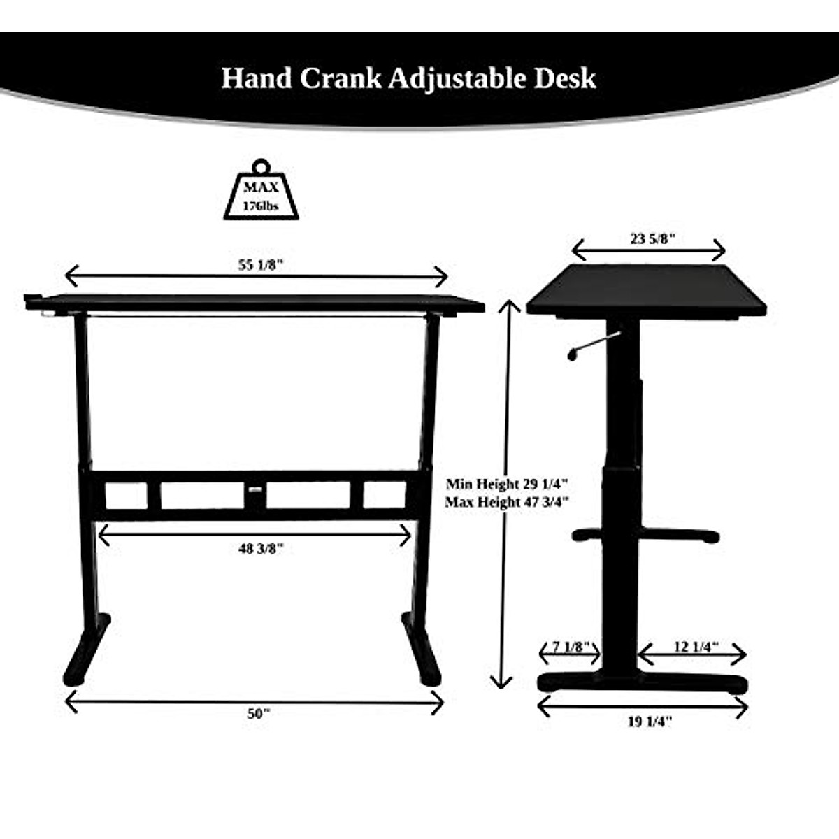 ErgoMax Adjustable Crank Desk w/Tabletop, 45 Inch Max Height, Black