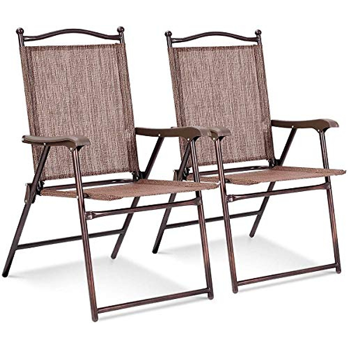 Byroce Patio Foldable Chair Set, 2 PCs Portable and Stable Chair with Armrest, Lightweight Outdoor Fabric Chair Set, Lounge Chairs with Metal Frame, Sling Back Chairs for Indoor Outdoor (Brown)