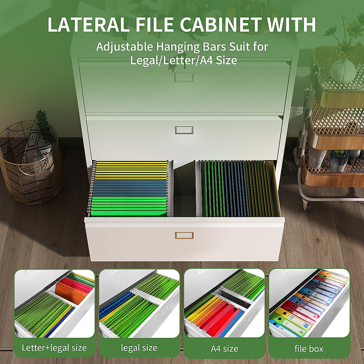 VIYET Lateral File Cabinet with Lock,3 Drawer Metal Filing Cabinets for Home Office,Storage Cabinet for Hanging Files Letter/Legal/F4/A4 (White)