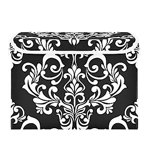 Kigai Storage Basket Black Damask Baroque Floral Storage Boxes with Lids and Handle, Large Storage Cube Bin Collapsible for Shelves Closet Bedroom Living Room, 16.5x12.6x11.8 In