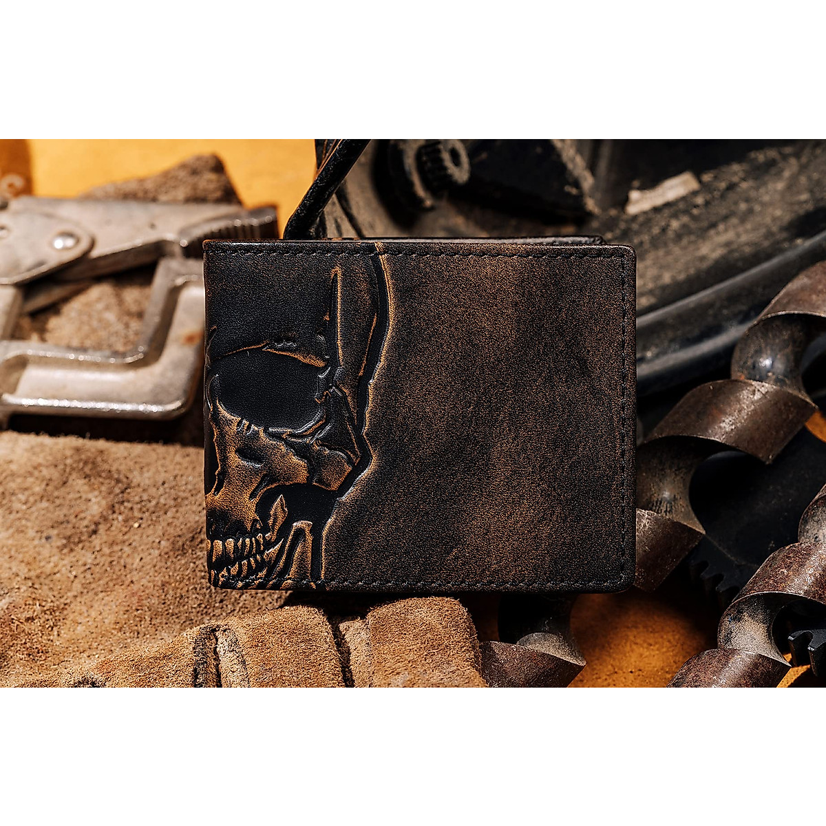 House of Jack Co. SKULL Bifold Wallet for Men | Extra Capacity Two ID Windows | Full Grain Leather With Hand Burnished Finish | Multi Card Capacity | Skull Men's Wallet