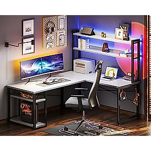ODK L Shaped Gaming Desk with Hutch, Computer Desk with Storage Shelves, 59" L Shaped Desk for Home Office, Corner Desk with Headphone Hook, White