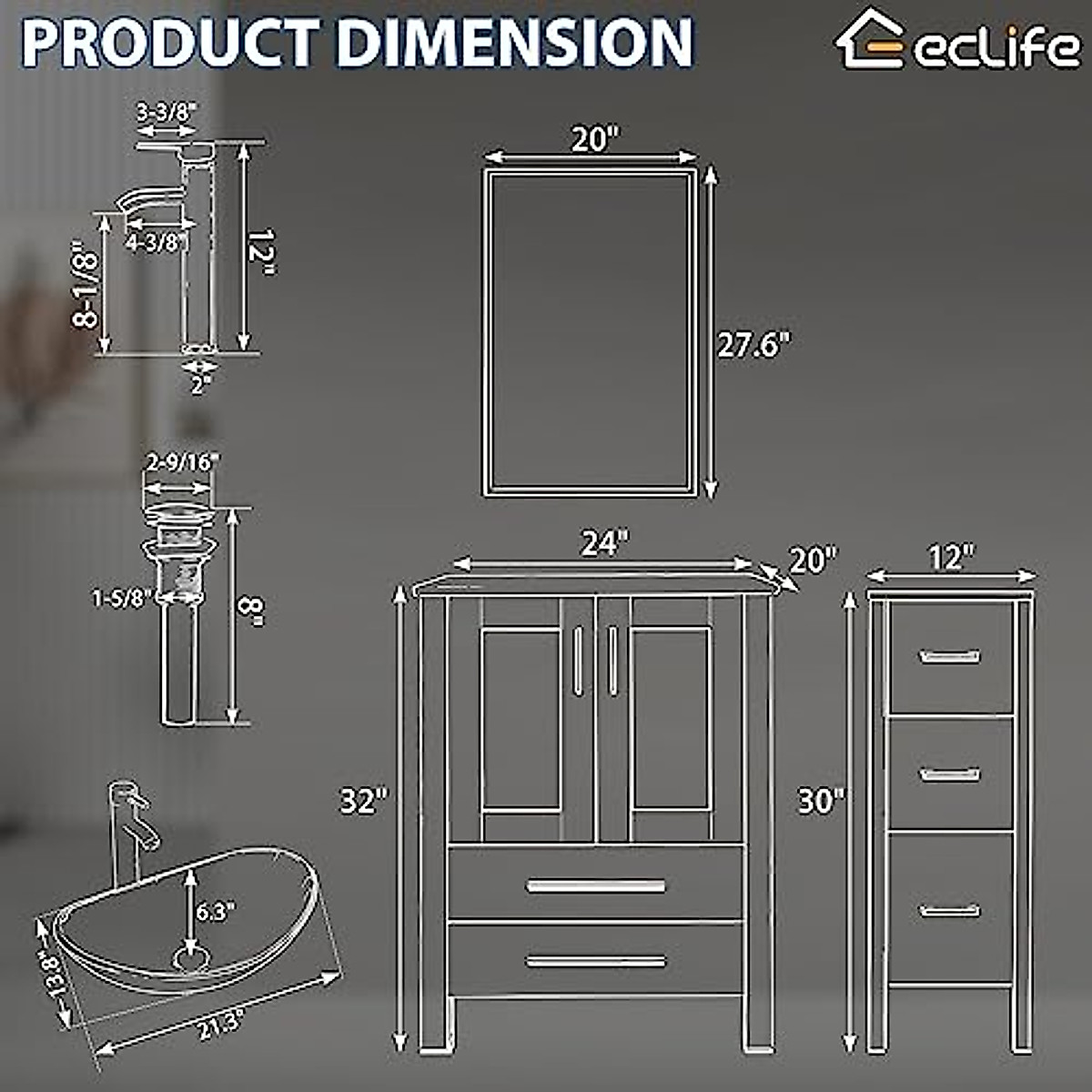 eclife 36" Bathroom Vanity Sink Combo White W/Side Cabinet Set Blue Boat Tempered Glass Vessel Sink & ORB Water Save Faucet & Solid Brass Pop Up Drain, W/Mirror (A29BU B02W)