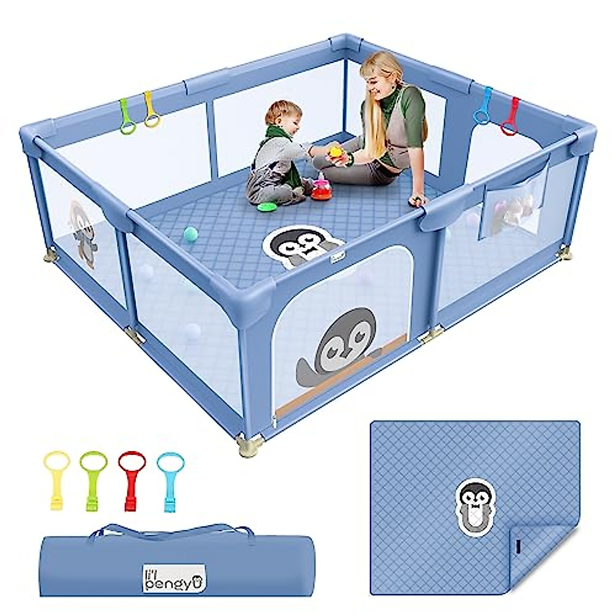 Baby Playpen for Babies and Toddlers, 71 x 59 inch Playpen with Mat, Unique Little Penguin Character Design, Soft Breathable Mesh Baby Play Yard for Indoor & Outdoor Family Time (Blue with Mat)