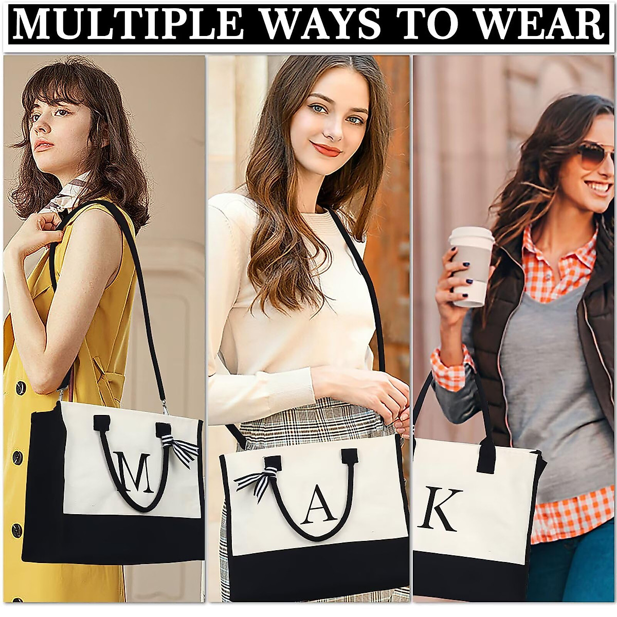 YOOLIFE Initial Canvas Tote Bag for Women - Beach and Travel Bag With Zipper Pockets, Monogrammed, Adjustable Strap, Letter K