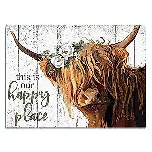 Highland Cow Wall Art - This Is Our Happy Place Inspirational Canvas Poster for Home - Long Haired Scottish Cow with White Flower Picture Farmhouse Kitchen Decor Framed (10"x15")