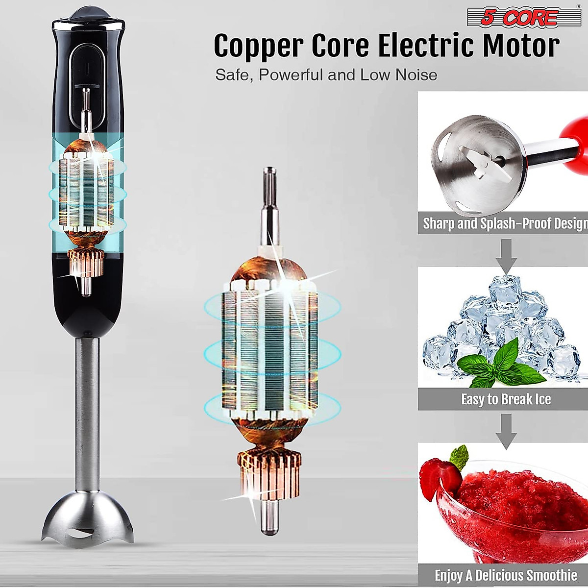 5 Core Immersion Blender Handheld Electric Whisk Hand Blender 8-Speed 500W Hand Held Stick Blender with Food Grade Stainless Steel Blades for Perfect for Smoothies Puree Baby Food Soup