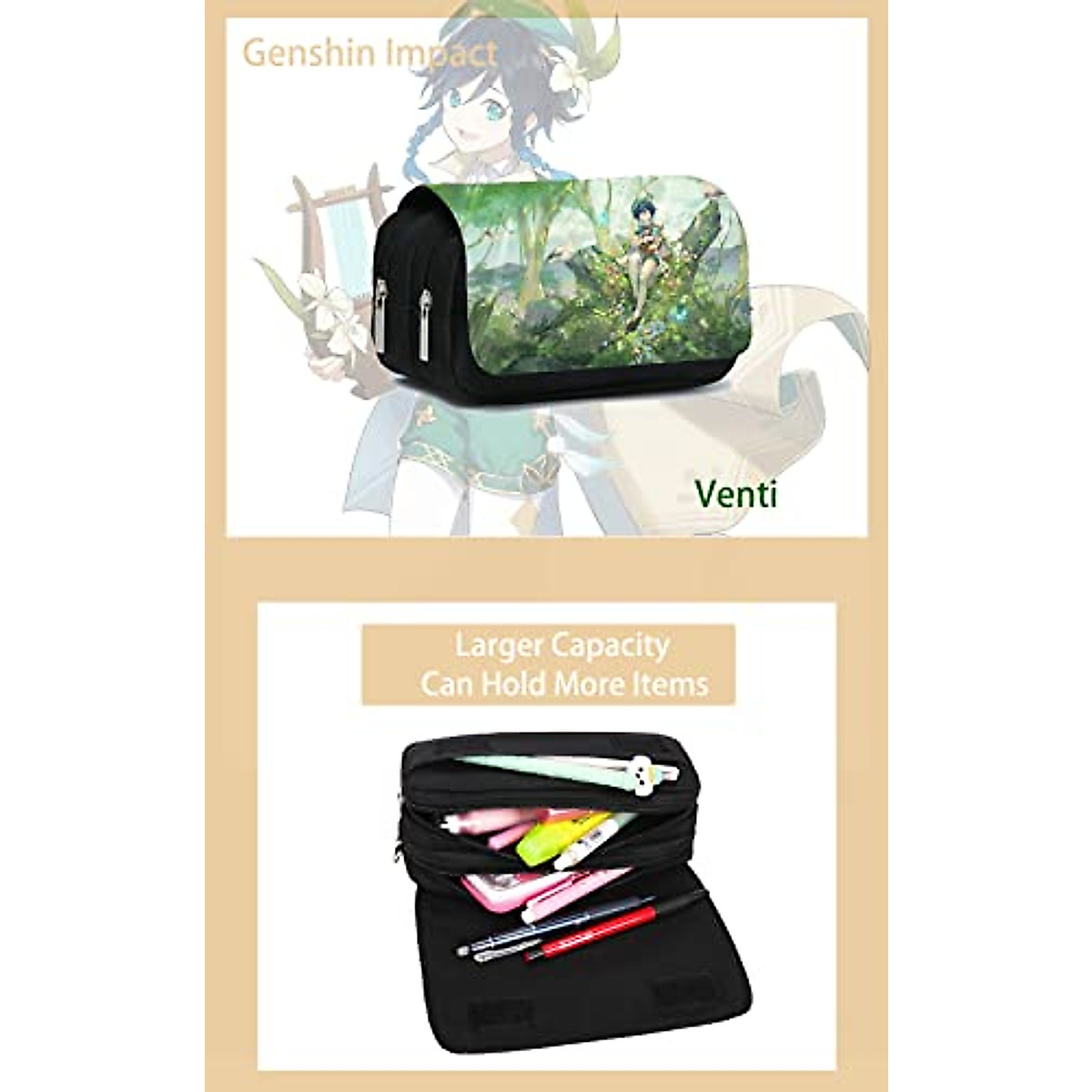 Pencil Case Genshin Impact Big Capacity Pencil Pouch，kawaii Large Storage High Capacity Bag for with Zipper Office College School Durable Pen Carrying Case （Venti）