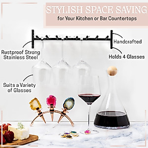 Wine Glass Rack, Wall Mounted Wine Glass Rack, Under Cabinet Stemware Rack for Kitchen, Wine Glass Holder Glasses Storage Hanger Copper Hanging 4 Wine Glasses with Class by Wanda Living - Black