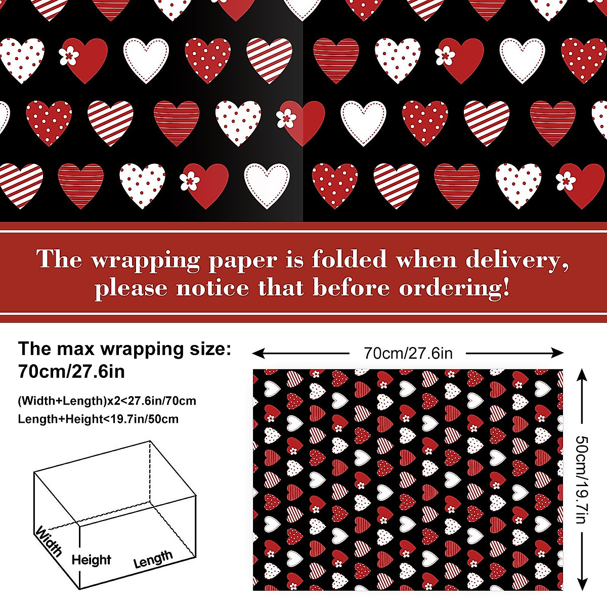 Whaline 12 Sheet Valentine's Day Wrapping Paper Heart Love Plaid Gift Wrap Paper Bulk Folded Flat Black Red Craft Paper for DIY Crafts Wedding Anniversary Party Gift Packing Supplies, 19.7 x 27.6 Inch