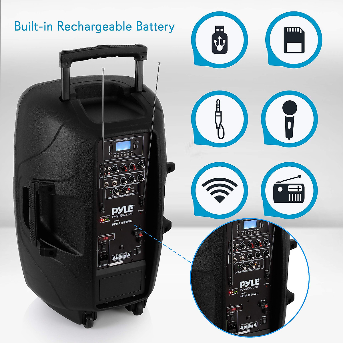 Pyle Karaoke Portable PA Speaker System - 1600W Active Powered Bluetooth Compatible Speaker, Rechargeable Battery, Easy Carry Wheels, USB MP3 RCA, FM Radio, 2 UHF Microphone, Remote - Pyle PPHP1599WU