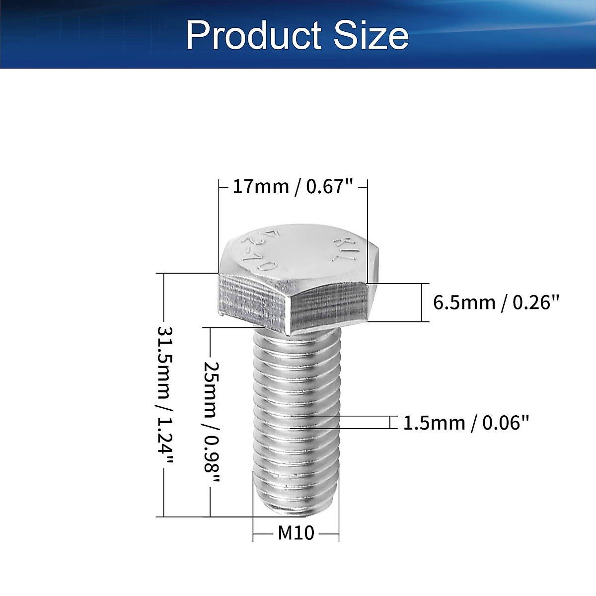 Bettomshin 10Pcs M10 x 25mm Hex Bolts, 304 Stainless Steel 1.5mm Thread Pitch Fully Threaded Metric Hex Head Screw Bolts, Hexagon Screw Bolt, Hex Tap Bolts, Silver (Overall Size 31.5x17x17mm)