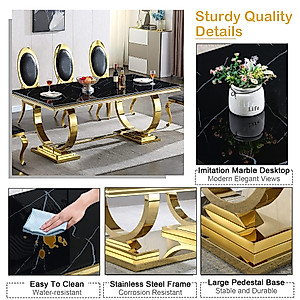 70" Marble Dining Table for 6-8, Luxury Gold Kitchen Table, Mid-Century Modern Black Fuax Marble Dining Room Table with Stainless Steel Pedestal, Large Dining Table for Kitchen Dining Office