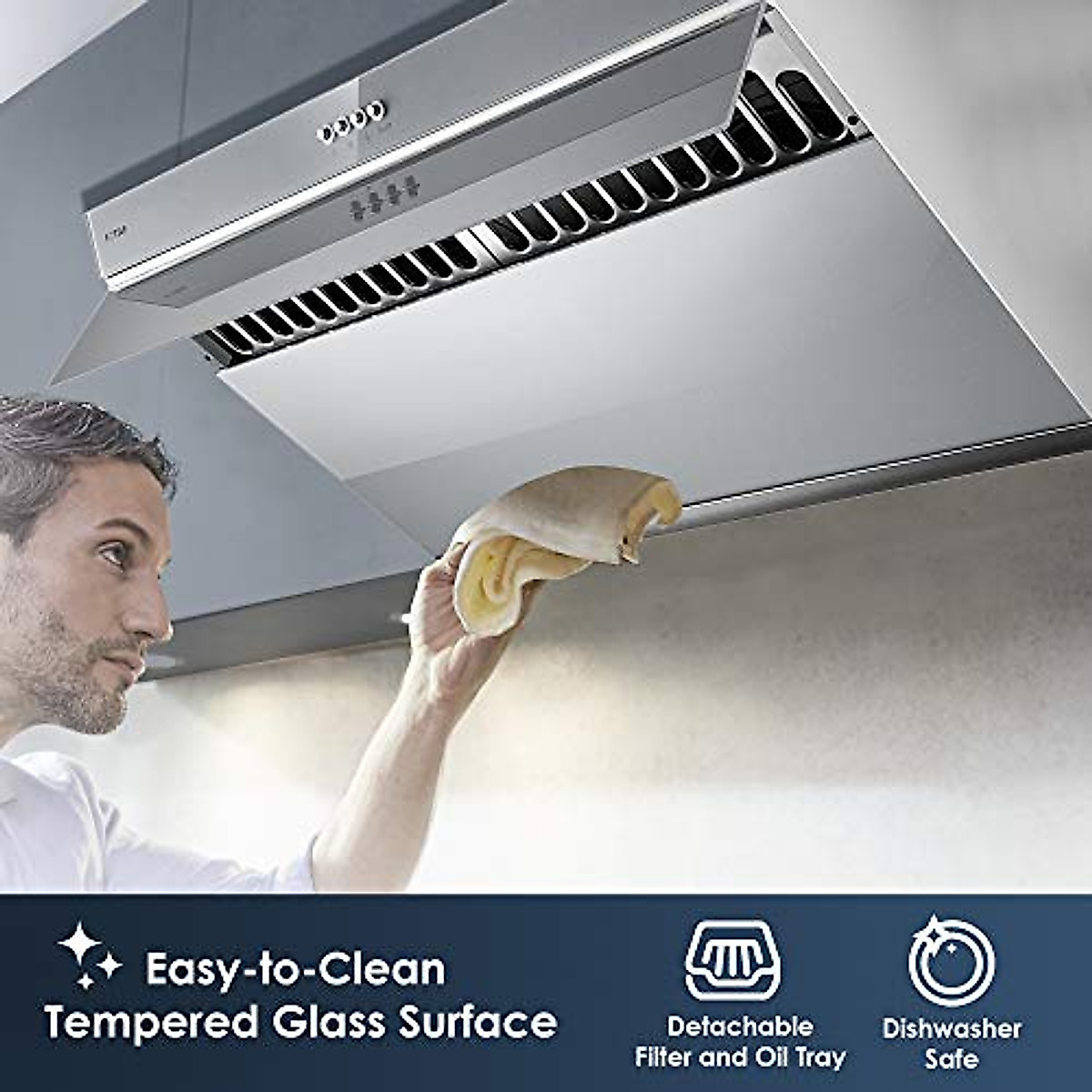 FOTILE JQG7502.G 30" Range Hood Unique Side-Draft Design for Under Cabinet or Wall Mount Modern Kitchen Vent Hood Powerful Motor LED Lights Mechanical Buttons Cooktop Bundle (1. Silver Gray)