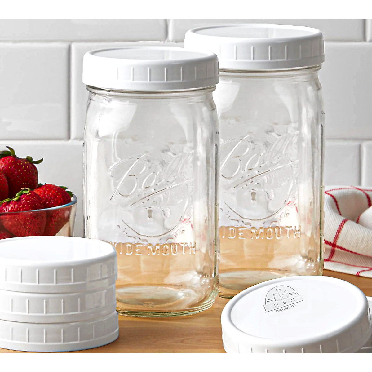 Wide Mouth Mason Jars 32 oz - (2 Pack) - Ball Wide Mouth 32-Ounces Quart Mason Jars with White M.E.M Food Storage Plastic Lids, Caps Fit Ball and Kerr Wide Mouth - For Storage, Freezing, Leak Proof,