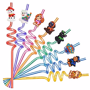 Paw Dog Party Supplies,JOUNYKOL 24Pcs Plastic Drinking Straws 8 Designs Great for Kids Boys Girls Gifts as Theme Party Decorations and Birthday Party Supplies with 2 Cleaning Brushes