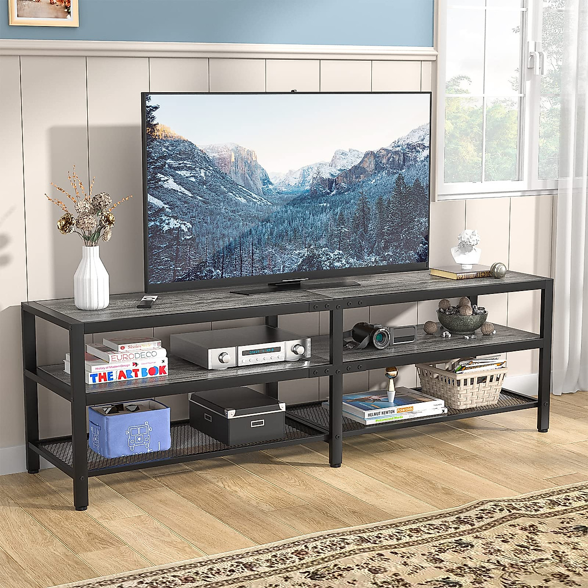 Unikito TV Stand for 65 70 inch TV, Two-color Industrial Entertainment Center TV Console, Long 63" TV Table with 3 Tiers Open Storage Shelves for Living Room Bedroom, Rustic Brown and Gray Oak