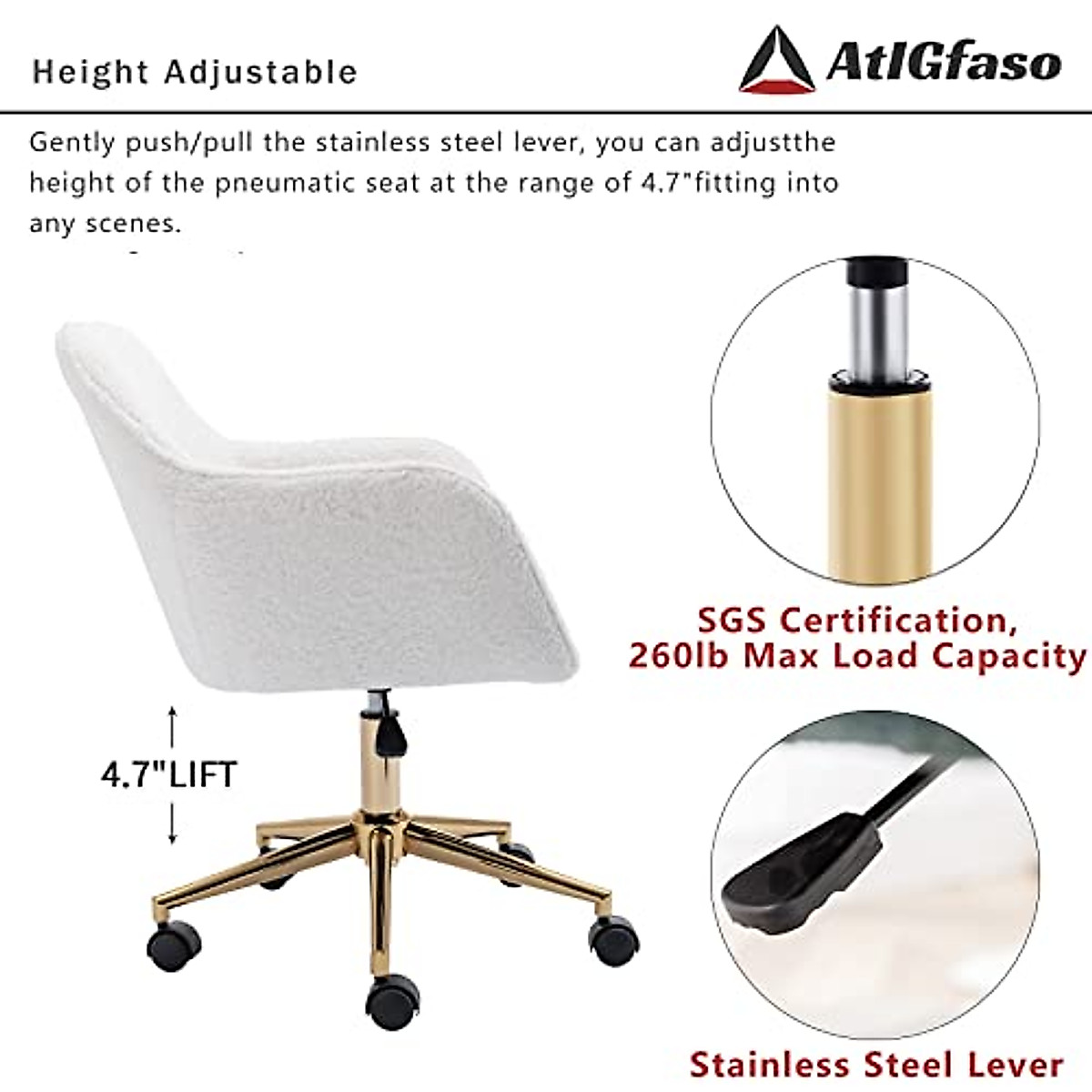 AtIGfaso with Wheels Ultra-Soft Plush Swivel Chair with Adjustable Height and 360-Degree Rotation,Combing Chair Ideal for Home Office or Bedroom, Ergonomic Design, Gold Base, Cream White Color