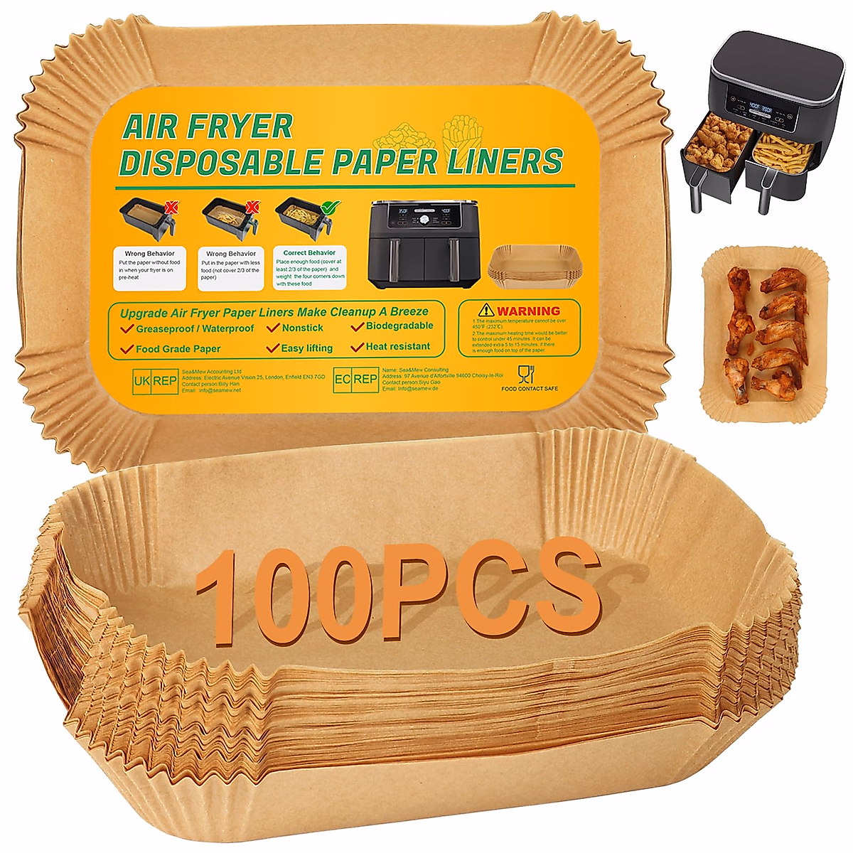 BYKITCHEN Air Fryer Disposable Paper Liner for Ninja Dual Air Fryer, Set of 100, Rectangle Air Fryer Liners Compatible with Double Air Fryer, Ninja DZ201/DZ401, Ninja Dual Air Fryer Accessories