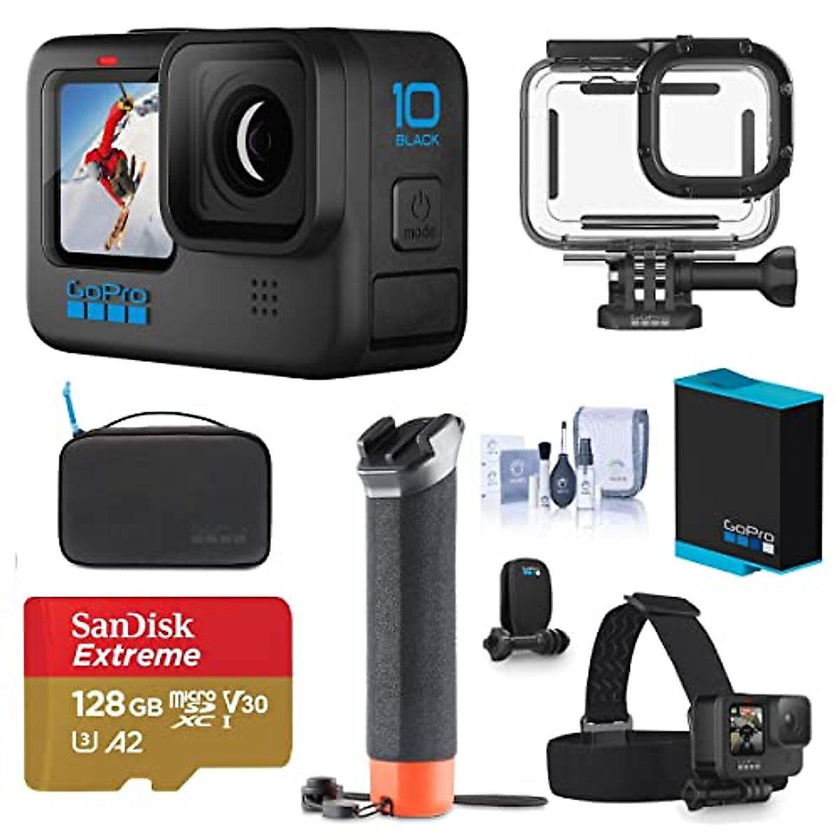 GoPro HERO10 Black, Waterproof Action Camera, 5.3K60/4K Video Bundle with Protective Housing, Adventure Kit, 128GB microSD Card, Extra Battery, Cleaning Kit