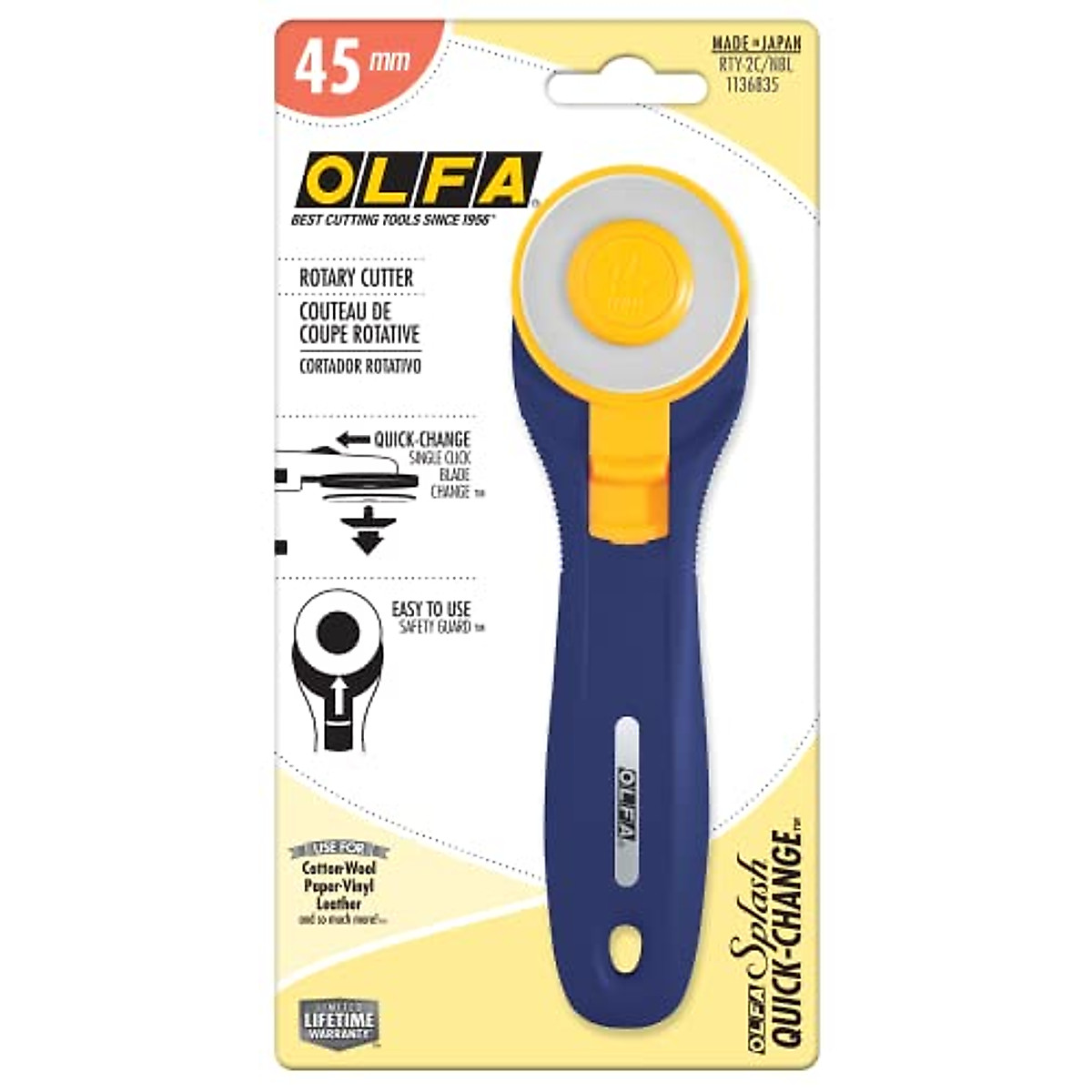 OLFA 45mm Quick-Change Rotary Cutter (RTY-2C/NBL) - Rotary Fabric Cutter w/ Blade Cover for Crafts, Sewing, Quilting, Replacement Blade: OLFA RB45-1 (Navy)