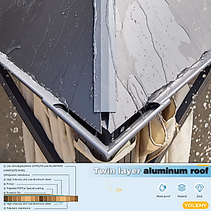 YOLENY 12'x14' Hardtop Gazebo, Permanent Outdoor Aluminum Patio Gazebo with Aluminum Composite Double Arc Roof for Patio Lawn and Garden, Curtains and Netting Included