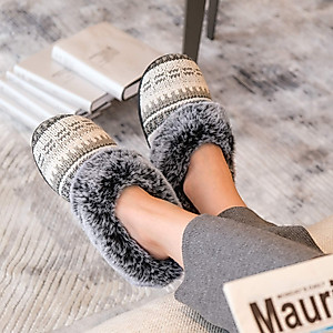 DL Women's House Slippers with Fuzzy Plush Faux Fur Collar, Memory Foam Slip on House Shoes with Indoor Outdoor Anti-Skid Rubber Sole, Grey/white, 7-8