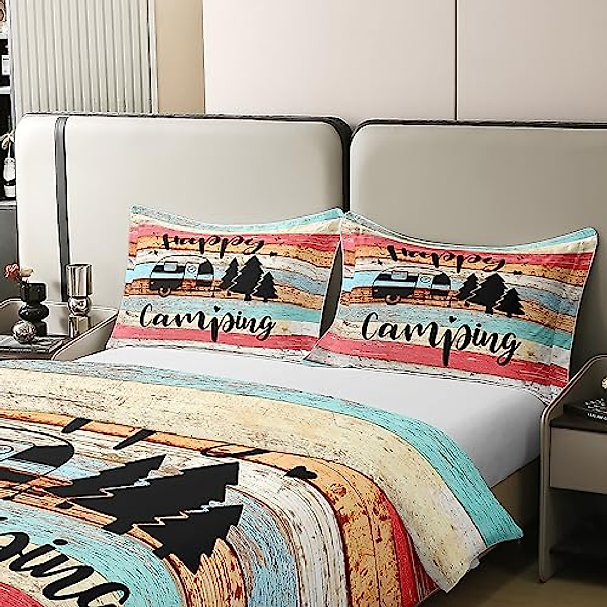 100% Cotton Happy Camping Duvet Cover Queen RV Camper Trailer Bedding Set for Boys Girls Bedroom Farmhouse Style Wooden Stripes Comforter Cover Red Blue Soft Breathable Quilt Cover