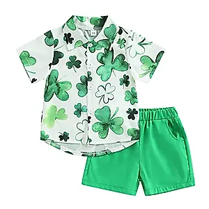 LIOMENGZI Toddler Baby Boy Summer Outfits Pattern Short Sleeve Button Down Shirt Top with Elastic Waist Shorts Clothes Set (Green, 12-18 Months)