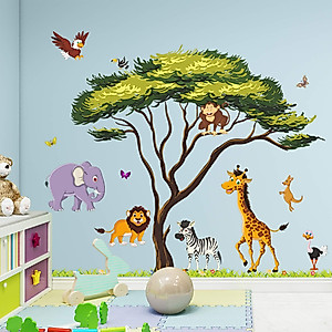 RW-1074 Cartoon Jungle Animal Wall Decals 3D Large Green Tree Wall Stickers DIY Removable Giraffe Lion Elephant Grass Wall Art Decor for Kids Baby Bedroom Living Room Nursery Playroom Home Decoration