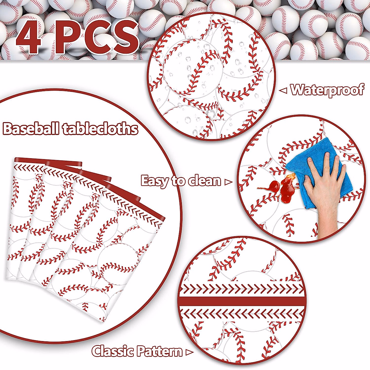 PTECDROTS 4 Pcs Baseball Tablecloths, Disposable Baseball Party Decorations Table Covers, Rectangular Baseball Pattern Table Cloth for Boys Baseball Sports Event Birthday Party Supplies, 51x86 Inch
