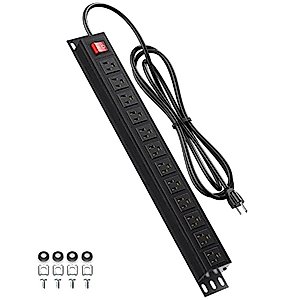 12 Outlet Metal Power Strip, 19inch Rack Mount Heavy Duty Power Strip for Network Cabinet Garage Workbench, 6ft SJT 16AWG Power Cord, Black