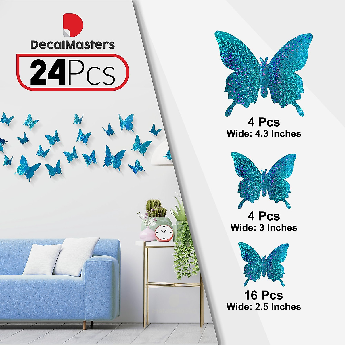 DecalMasters 24pcs Blue Glitter 3D Butterfly Wall Decals - 3 Sizes Butterflies Decor for Wall Removable Mural Stickers Home, Party, Cake and Room Decoration, Bedroom Decor DIY Gift (Blue Glitter, 24)