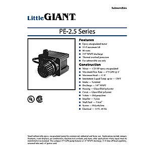 Little Giant PE-2.5F 115 Volt, 1/28 HP, 475 GPH Small Submersible Direct Drive Pump with 6-Ft. Cord, Black, 518600