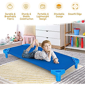 DORTALA Toddler Daycare Cots, Pack of 6, Stackable Sleeping Cots for Kids w/Easy Lift Corners, Children Nap Cots for Nursery, Preschool, Classroom, Naptime, Dark Blue