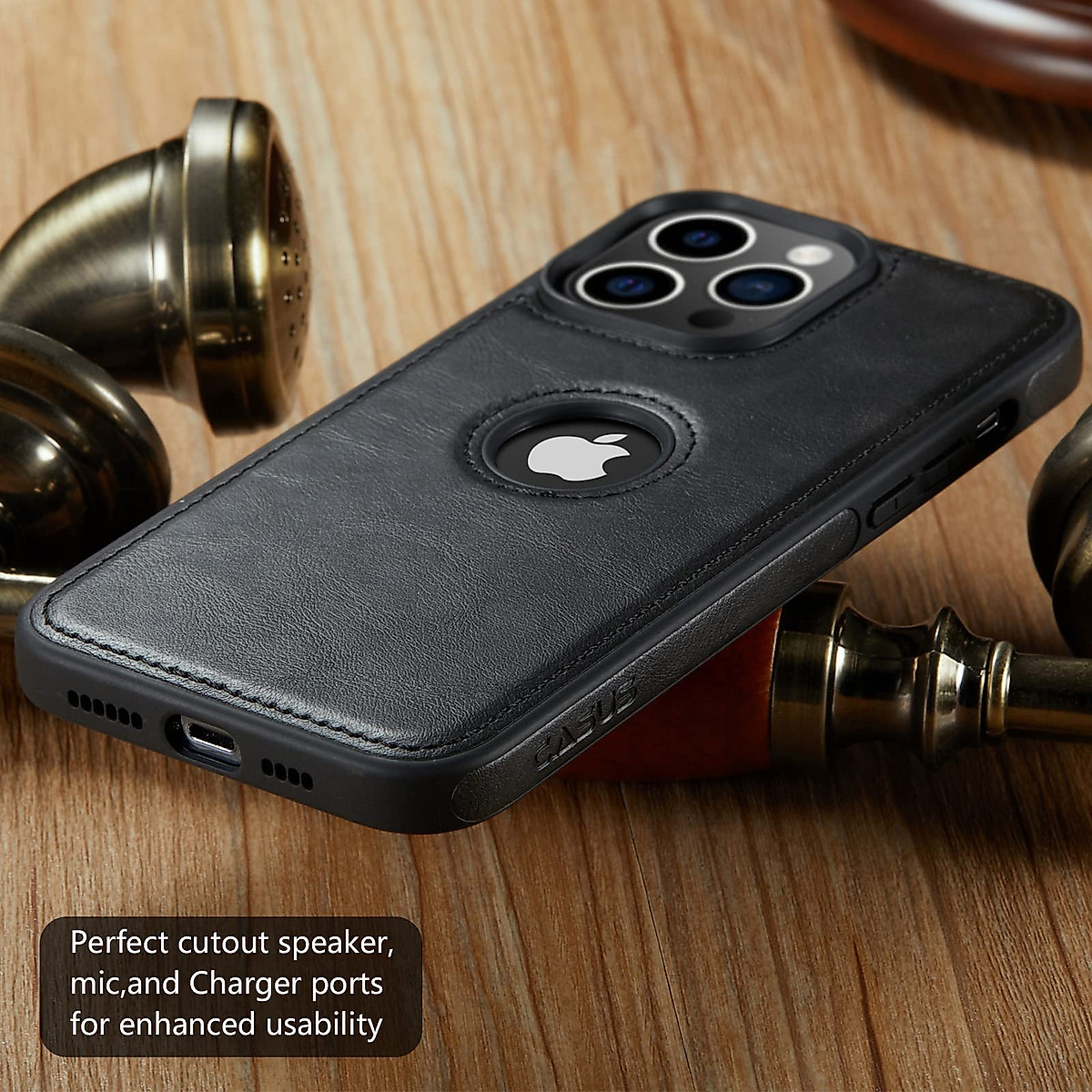 Casus Designed for iPhone 14 Pro Max Case Vegan Leather Slim Logo View Classic Luxury Elegant Thin Protective Cover (2022) 6.7" (Black)