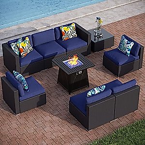 PHI VILLA 9 Pieces Patio Furniture Set with Fire Pit Rattan Sectional Sofa Set Outdoor Wicker Patio Conversation Sets with Coffee Table, CSA Approved Gas Fire Pit Table(28 Inch, Navy Blue)