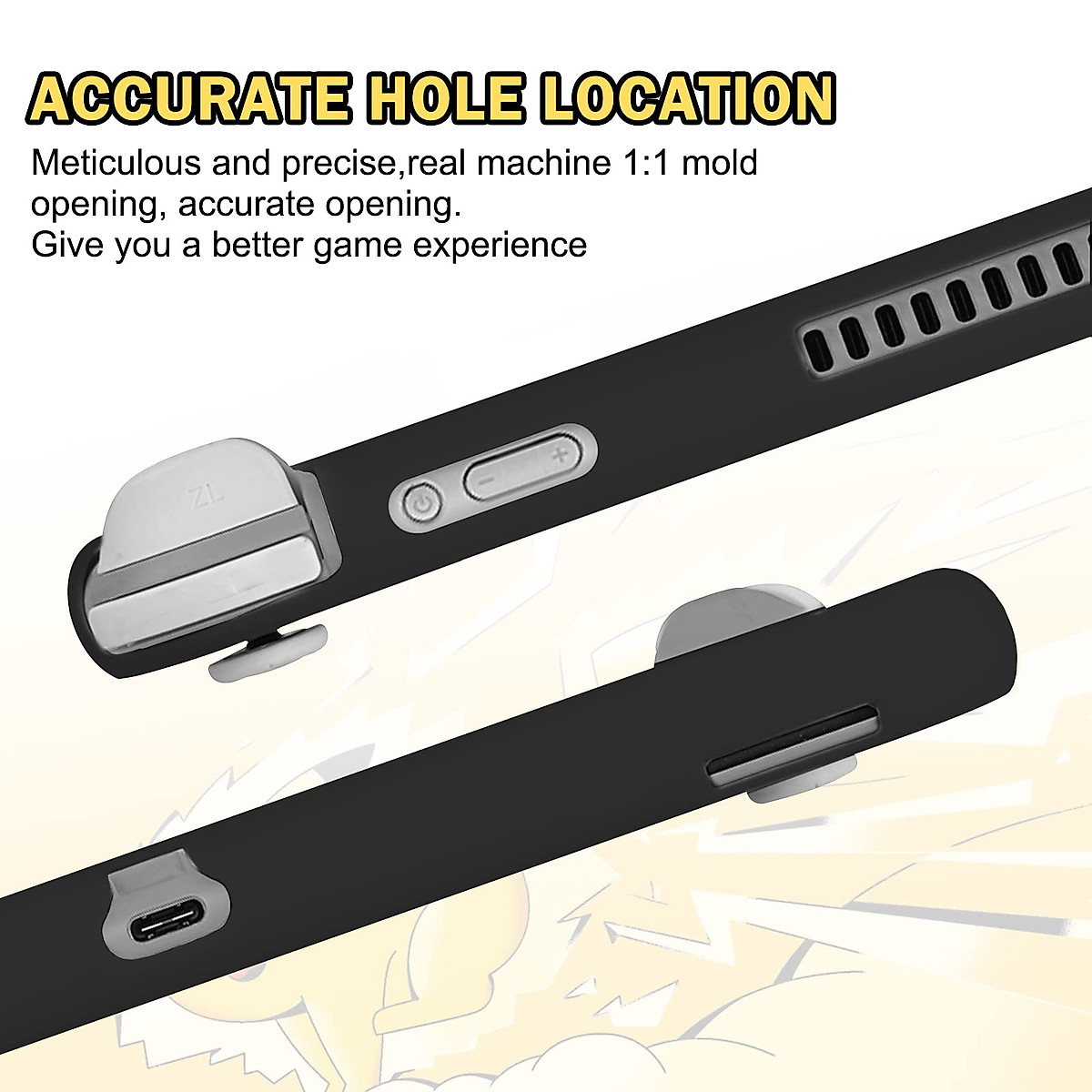 DLseego Flash Pika Switch Lite Protective Case Cool Soft TPU Shell Shockproof Scratch Resistant Cover Joy Con Japanese Amine Skin with 2PCS Lovely Cartoon Thumb Grips Caps for Switch 2019 - Black