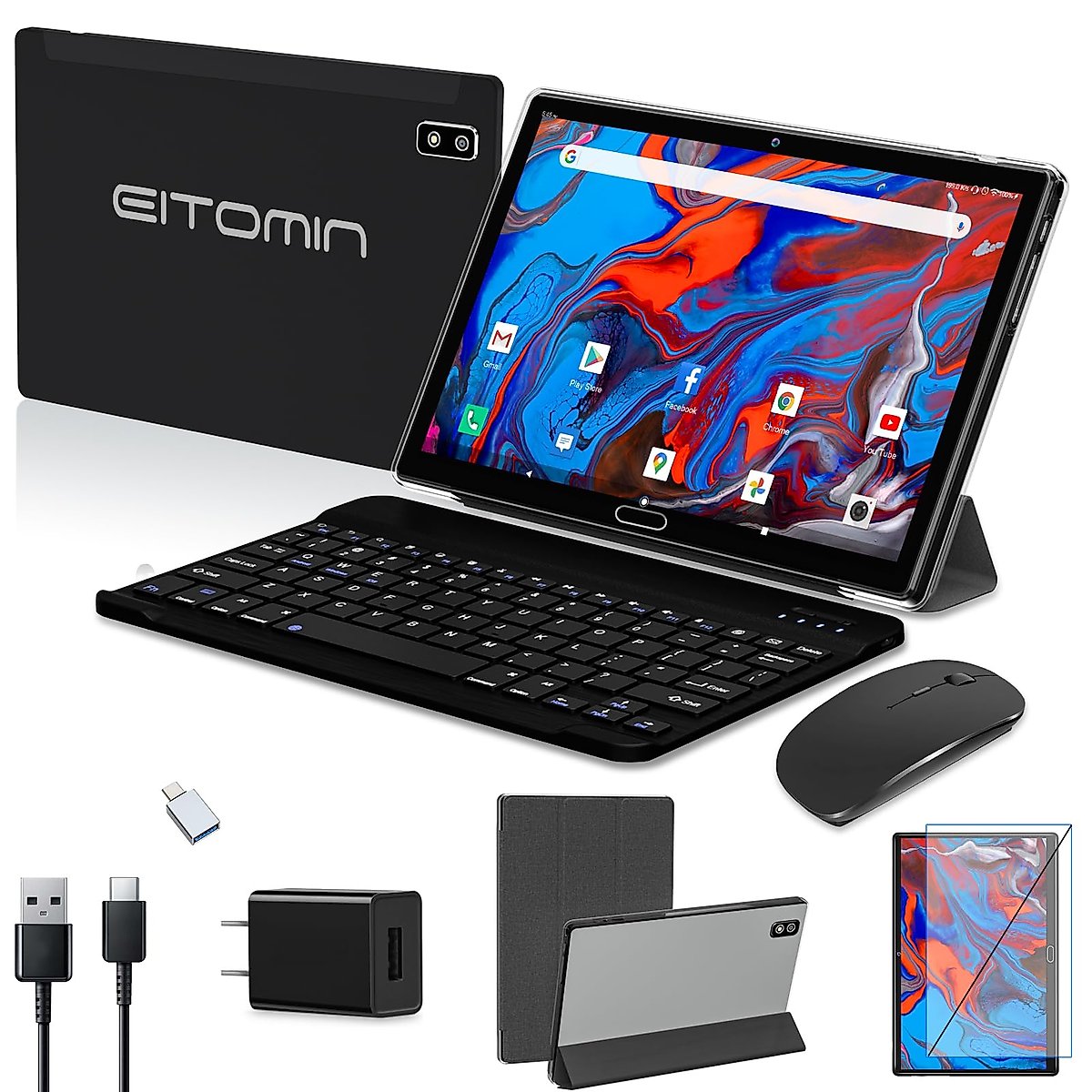EITOMIN Tablet 2024 Newest Android13 Tablet 10 inch WiFi Tablet,2in1Tablet with Keyboard,4G Cellular 64ROM 1TB Expand Octa-CoreProcessor,FHD1080P,13MP Camera, Bluetooth5.0/GPS/Stylus/Mouse/Case Black