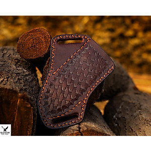 Leather Knife Sheath for Belt, Slanted Pancake Style, Tooled Leather, Cowboy Bull Cutter Cover, Cross Draw, Handmade Stitched with 100% Real Leather (Dark Brown)