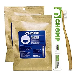 Chomp Toothpaste Tablets Refill Peppermint (2) Bundle with Bamboo Flossing Toothbrush (1)