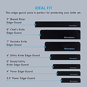 Messermeister Edge-Guard Set of 7, Black - Fashionable & Functional Knife Protector for Slicer, Chef’s, Santoku, Utility, Steak & Parer Knives - 2 Blade Entry Notches - Includes 7 Knife Edge Guards