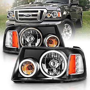 AmeriLite 1pc Black Replacement Headlights Corner Dual LED Halo Set For 01-11 Ford Ranger - Passenger and Driver Side