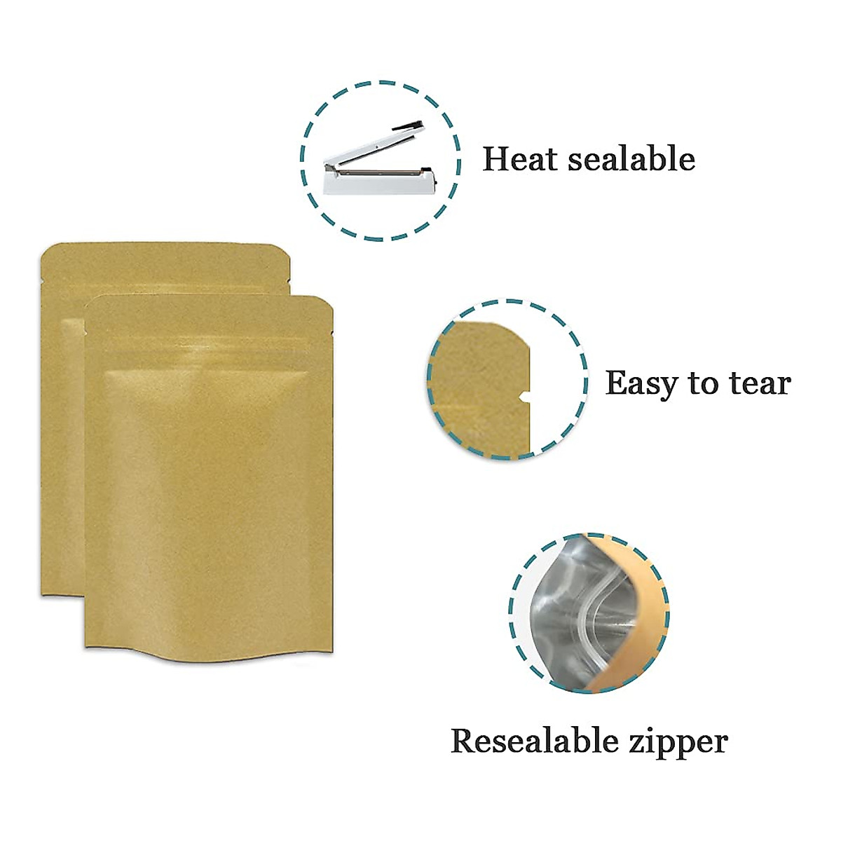 Mylar Bag Kraft Paper Foil Inner Self Standing Resealable Zipper Lock Pouch Food Stand Up Bags for Zip Packing Candy Biscuits Lock Food with Notch (50, 4.3x7.3 inch)