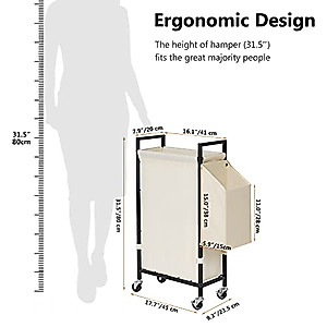 Slim Laundry Hamper with Wheels; 66L Narrow Rolling Laundry Basket with Removable Oxford Liner Bag; Thin Dirty Clothes Hamper with Sturdy Metal Frame; Tall Laundry Basket with Side Pocket (Beige)