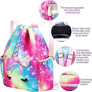 RHCPFOVR Drawstring Backpack for Kids - Unicorn Bags for Girls Mini Gym Dance Beach Swim Travel Bag With Two Water Bottle Holder