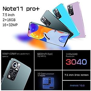 4G Smartphone Unlocked, Note 11 PRO+ 7.5 in, High Definition Screen, 2GB/16GB Cell Phones Unlocked New, Android 10 6800mAh Dual SIM Dual Standby Gaming Smartphone, Senior Cell Phone-(Midnight Color)
