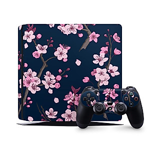 ZOOMHITSKINS Compatible with PS4 Slim Skin, Japan Flowers Pink Sakura Cherry Blossom, Durable & Fit, 3M Vinyl, Made in The USA
