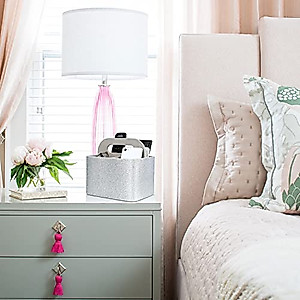 HofferRuffer Faux Leather Basket Tote Bin Caddy, Remote Control Holder, Portable Skincare Makeup Storage Organizer Caddy Tote with Handle, 7.3 x 5.5 x 6.7 inches (Silver)